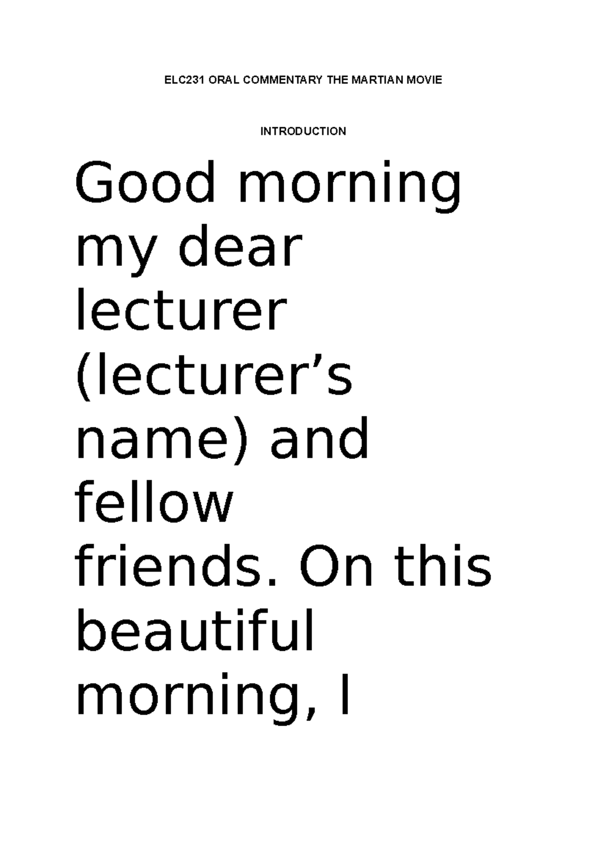 ELC231 Script ORAL Commentary THE Martian Movie - ELC231 ORAL ...