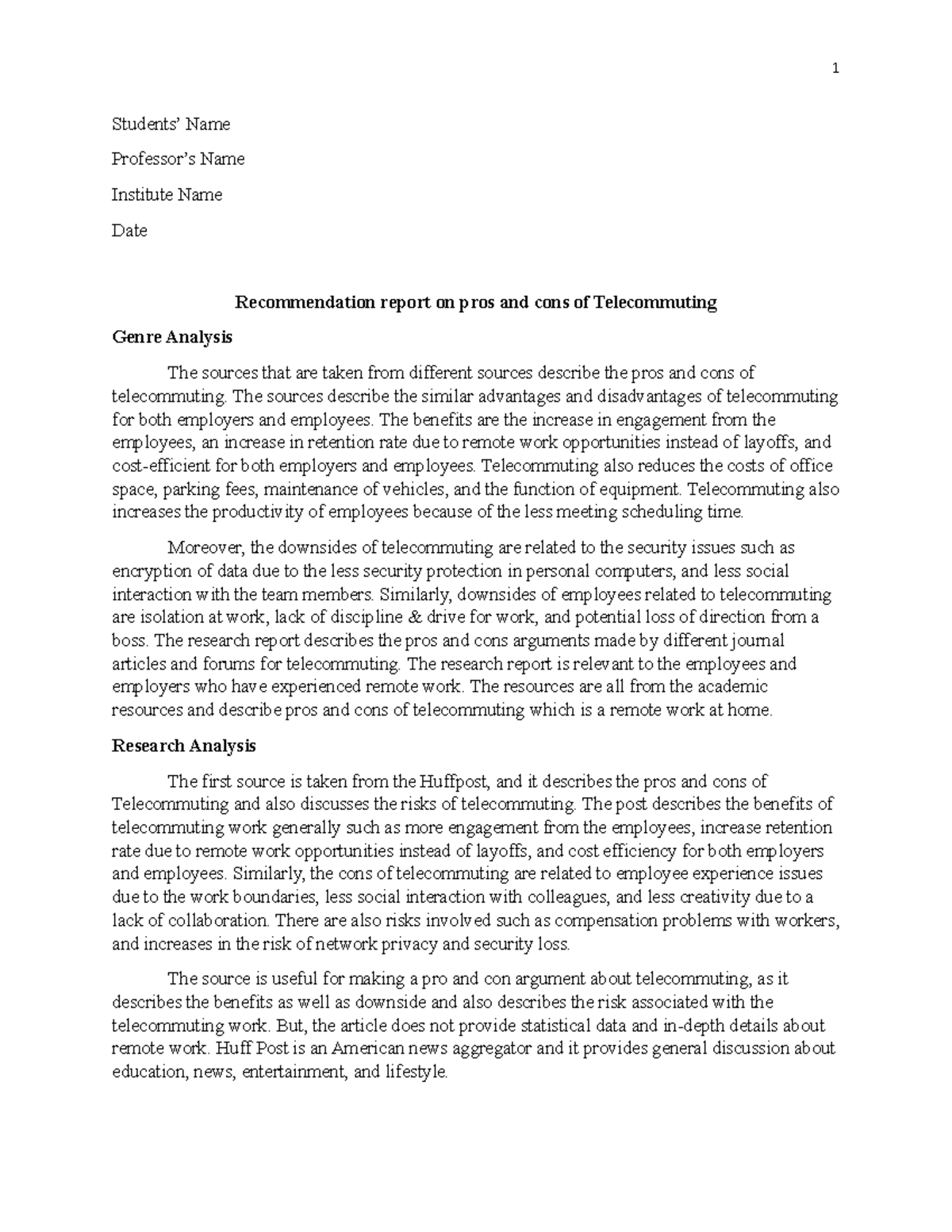 Report on Adavantages and Disadvantages of Telecommuting - Students ...