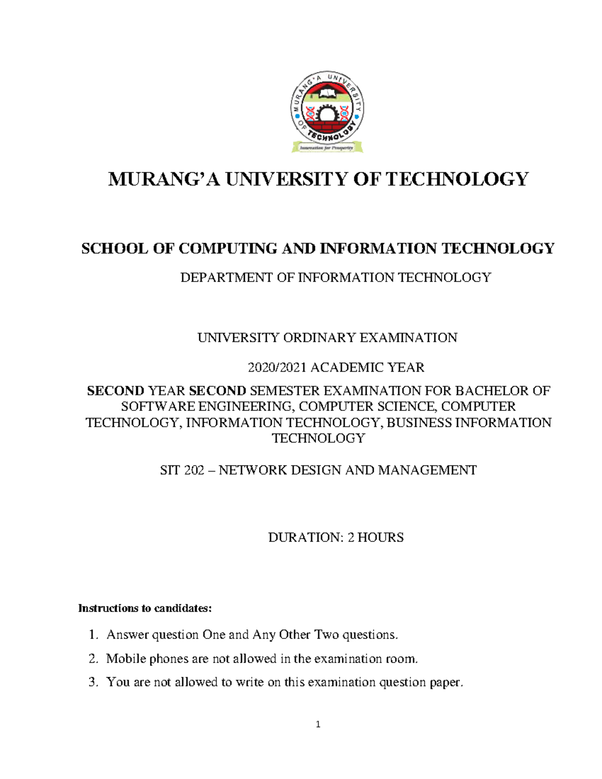 SIT 202 Network Design AND Management - 1 MURANG’A UNIVERSITY OF ...