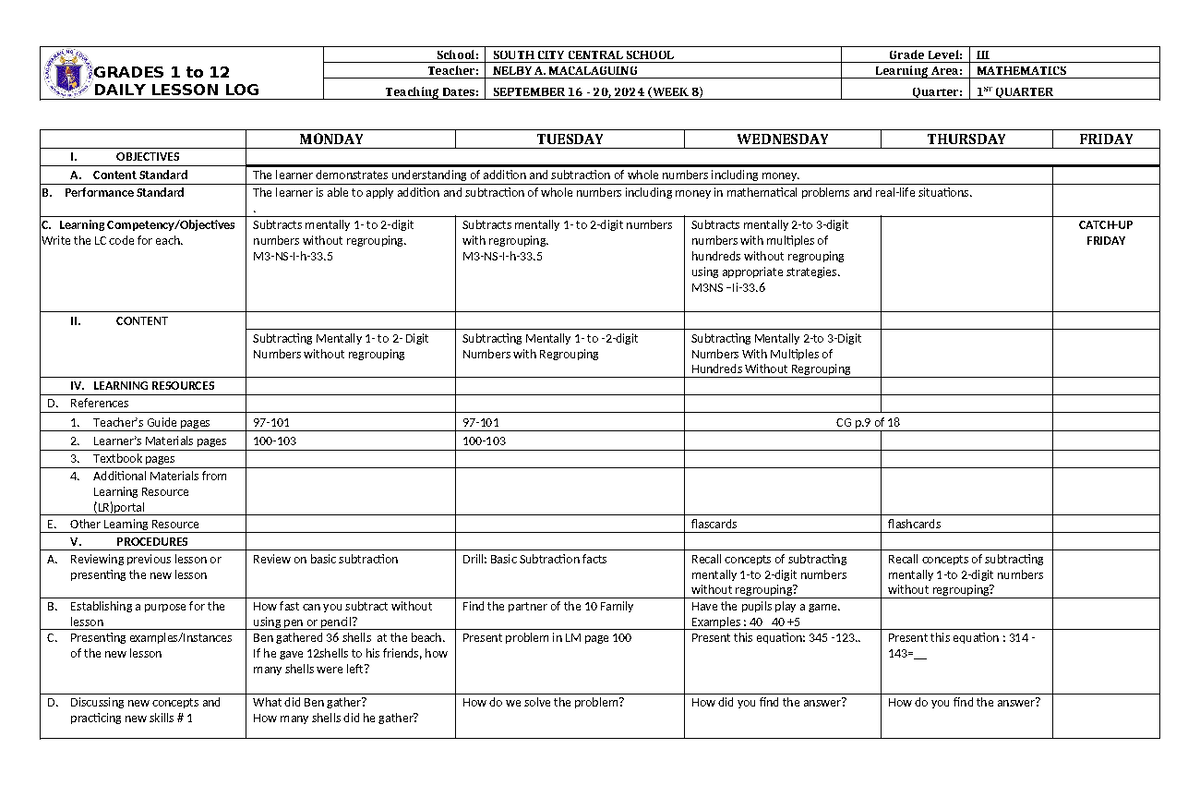 DLL Mathematics 3 Q1 W8 - NO NO NO NO - GRADES 1 to 12 DAILY LESSON LOG ...
