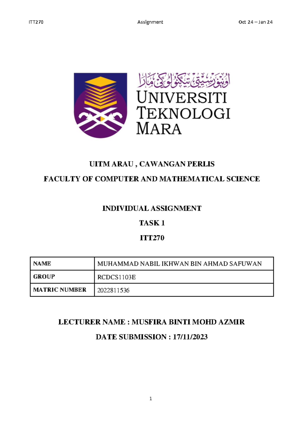 Nabil( Rcdcs 1103E)(ITT270) Individual Assignment - UITM ARAU ...