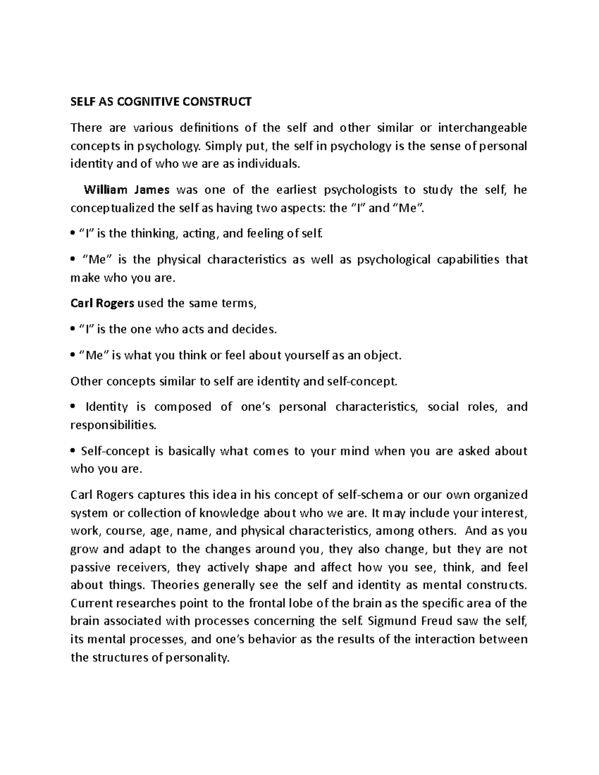 The self as cognitive construct - SELF AS COGNITIVE CONSTRUCT There are ...