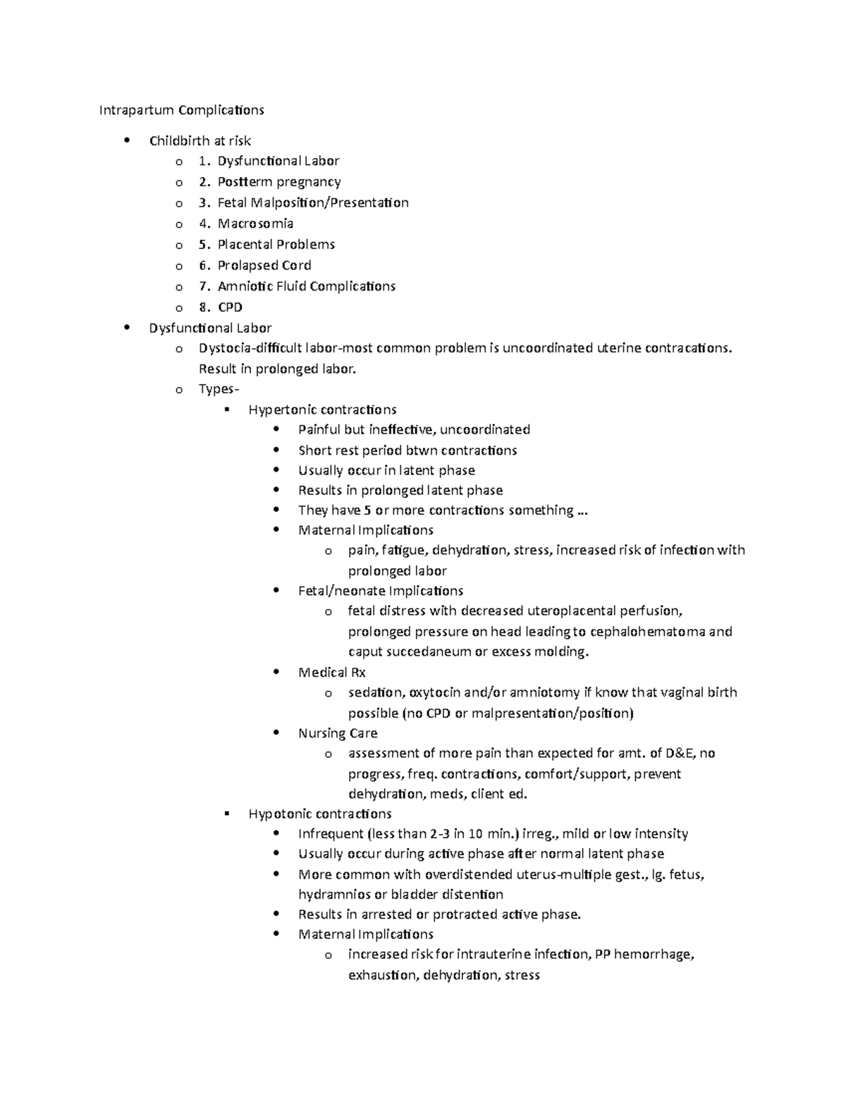 Intrapartum Complications - Dysfunctional Labor o 2. Postterm pregnancy ...