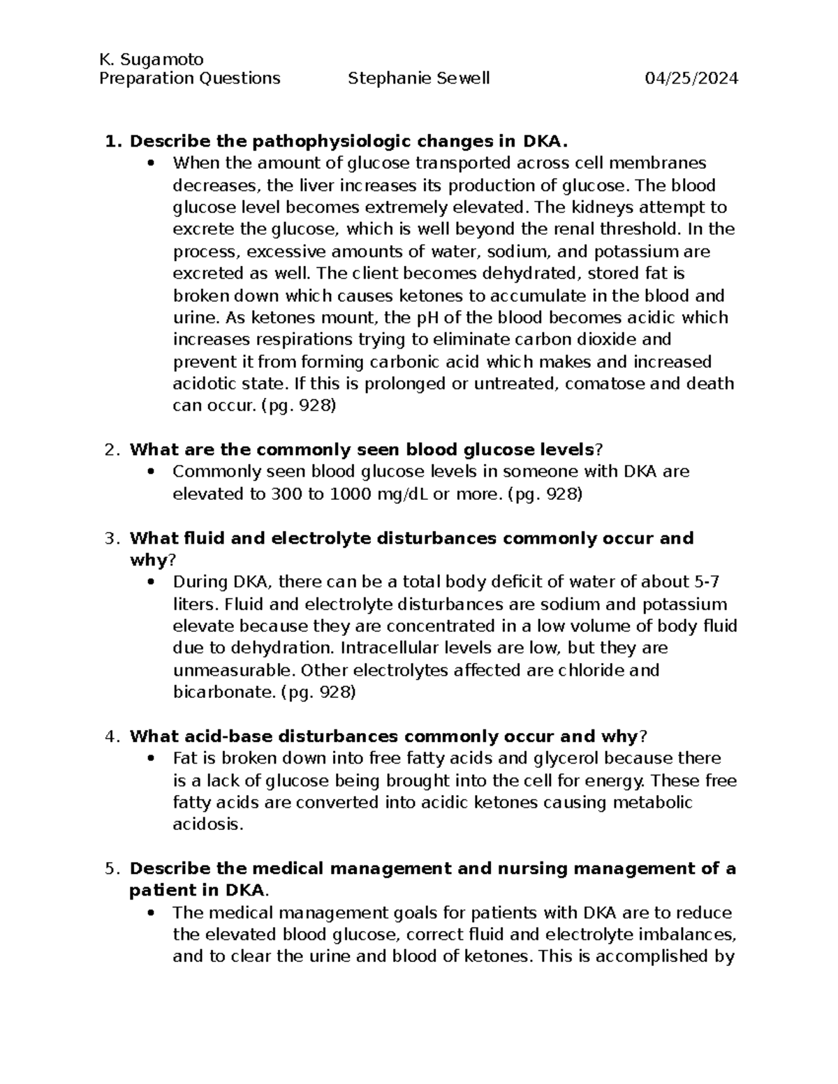 DKA presim questions - Preparation Questions Stephanie Sewell 04/25/ 1 ...
