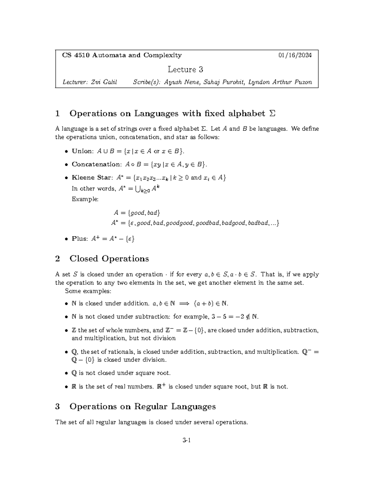 Lecture 3 - CS 4510 Automata and Complexity 01/16/ Lecture 3 Lecturer: Zvi Galil Scribe(s ...