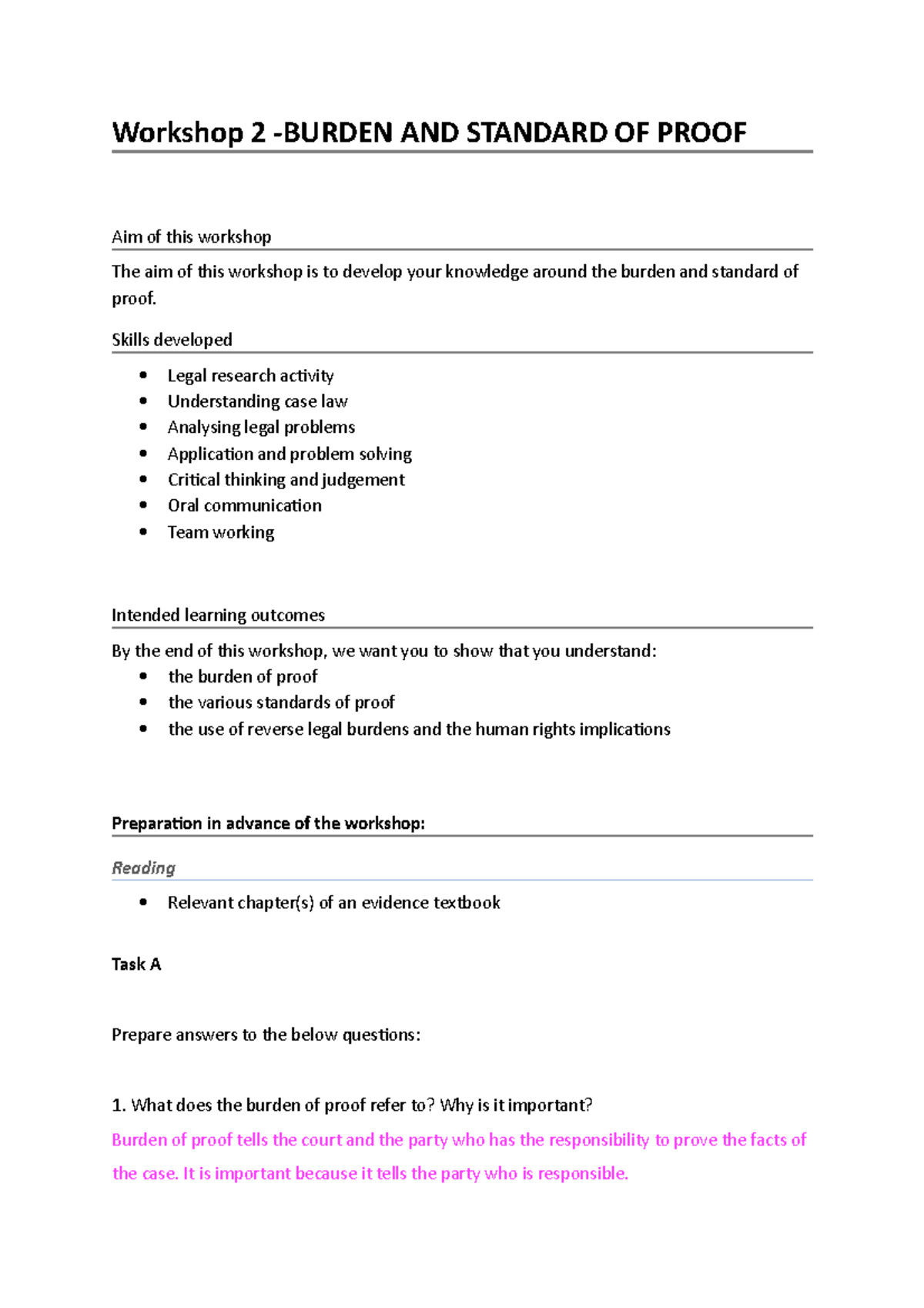 Burden and standard of proof workshop - Workshop 2 -BURDEN AND STANDARD ...