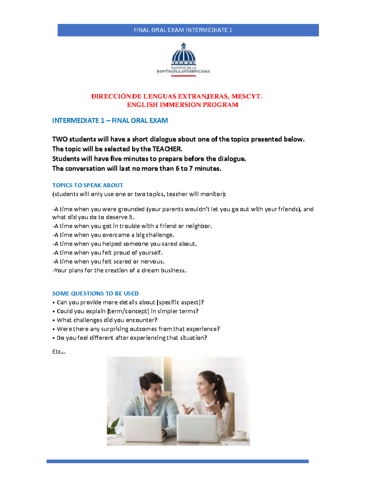 Final ORAL EXAM Intermediate 1 2024 - FINAL ORAL EXAM INTERMEDIATE 1 ...