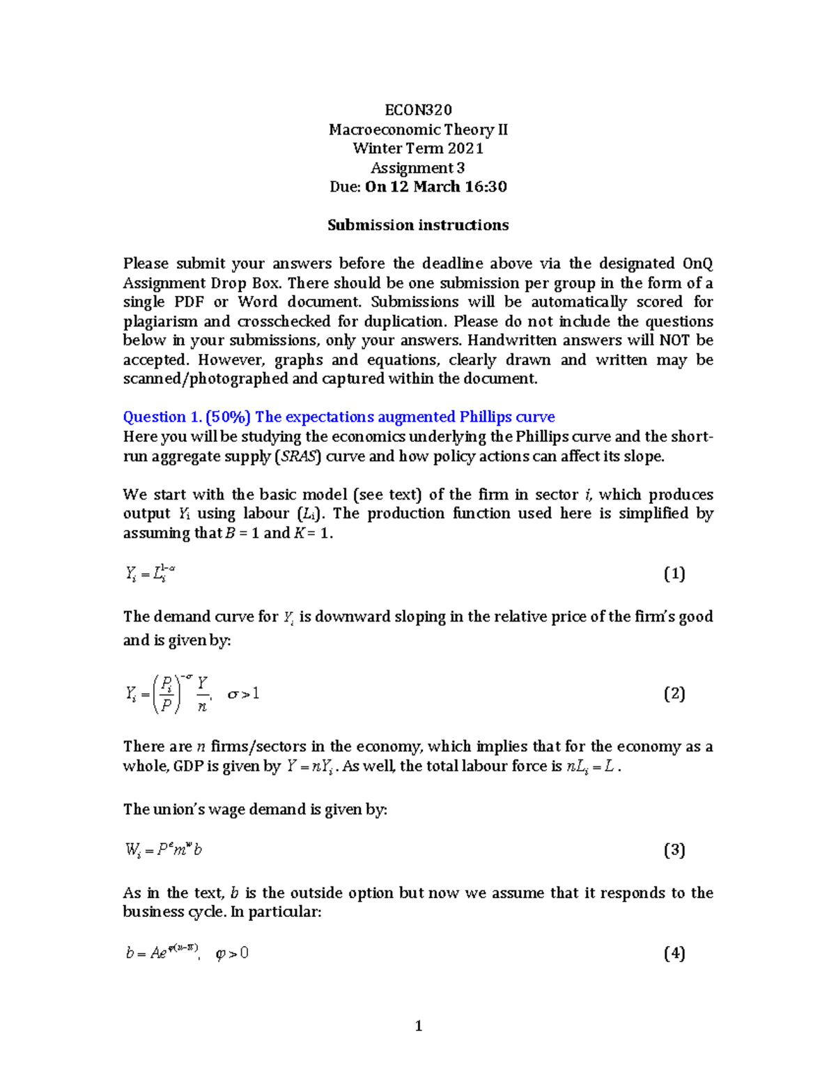 ECON320 Assignment 3 Questions Winter 2021 - 1 ECON Macroeconomic ...