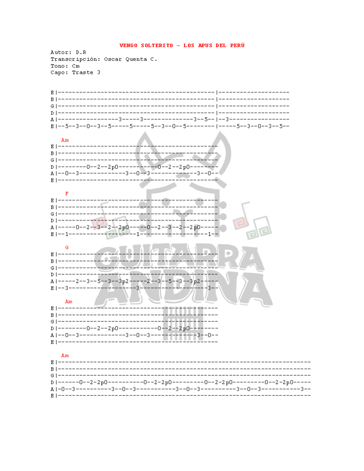 Vengo-solterito-tab - rgrgg - VENGO SOLTERITO – LOS APUS DEL PER⁄ Autor: D TranscripciÛn: Oscar ...