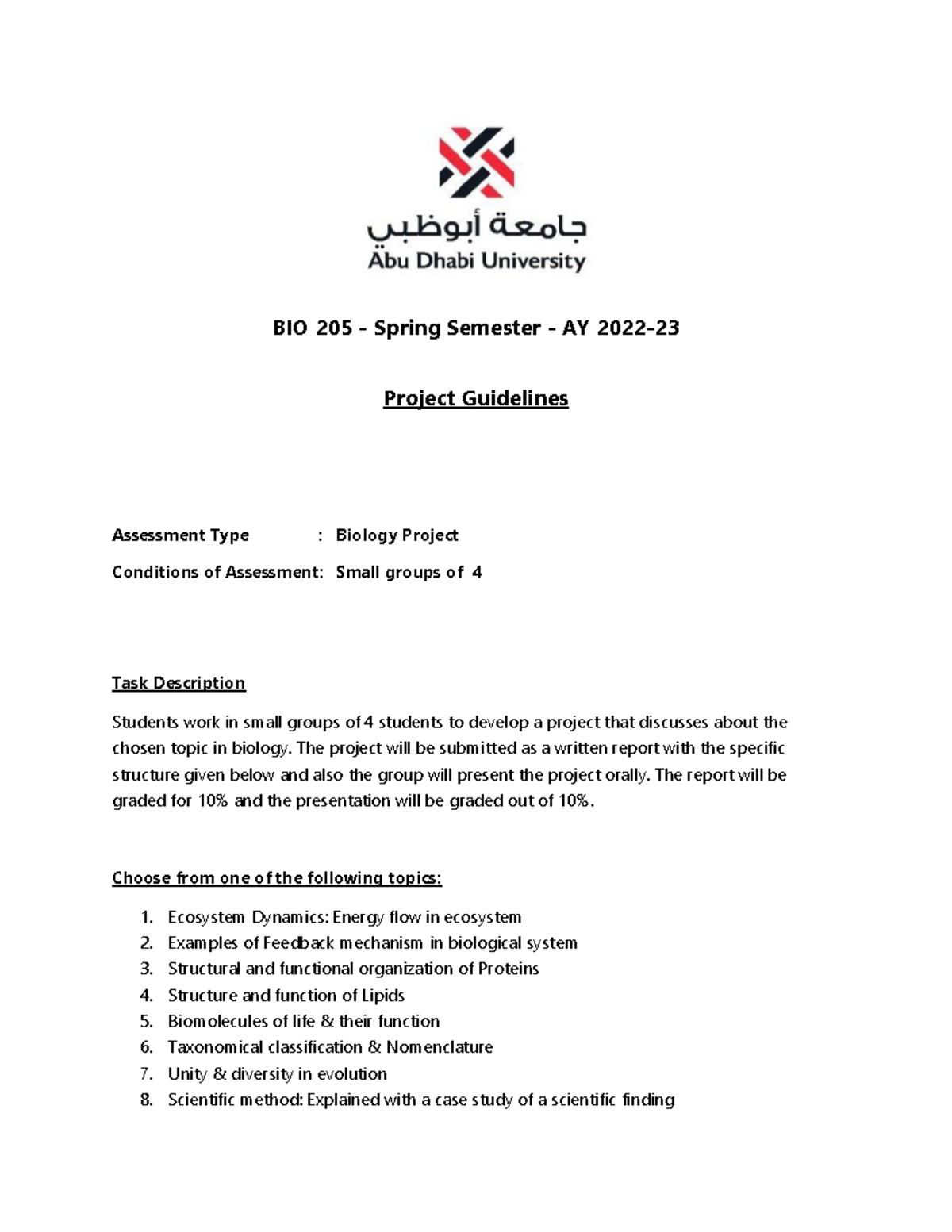 Project Guidelines - BIO 205 - Spring Semester - AY 2022- Project ...