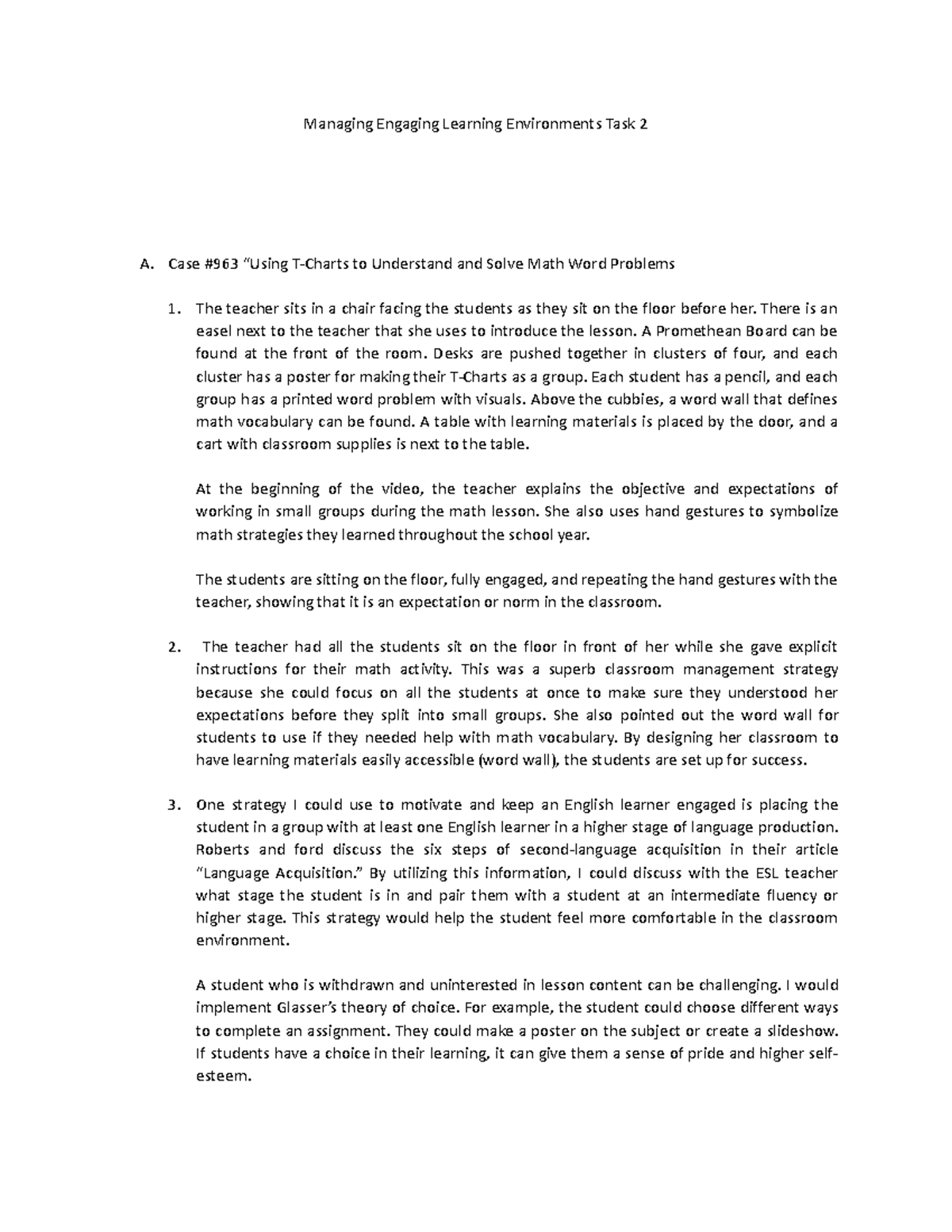 Managing Engaging Learning Environments Task 2 - Case #963 “Using T ...
