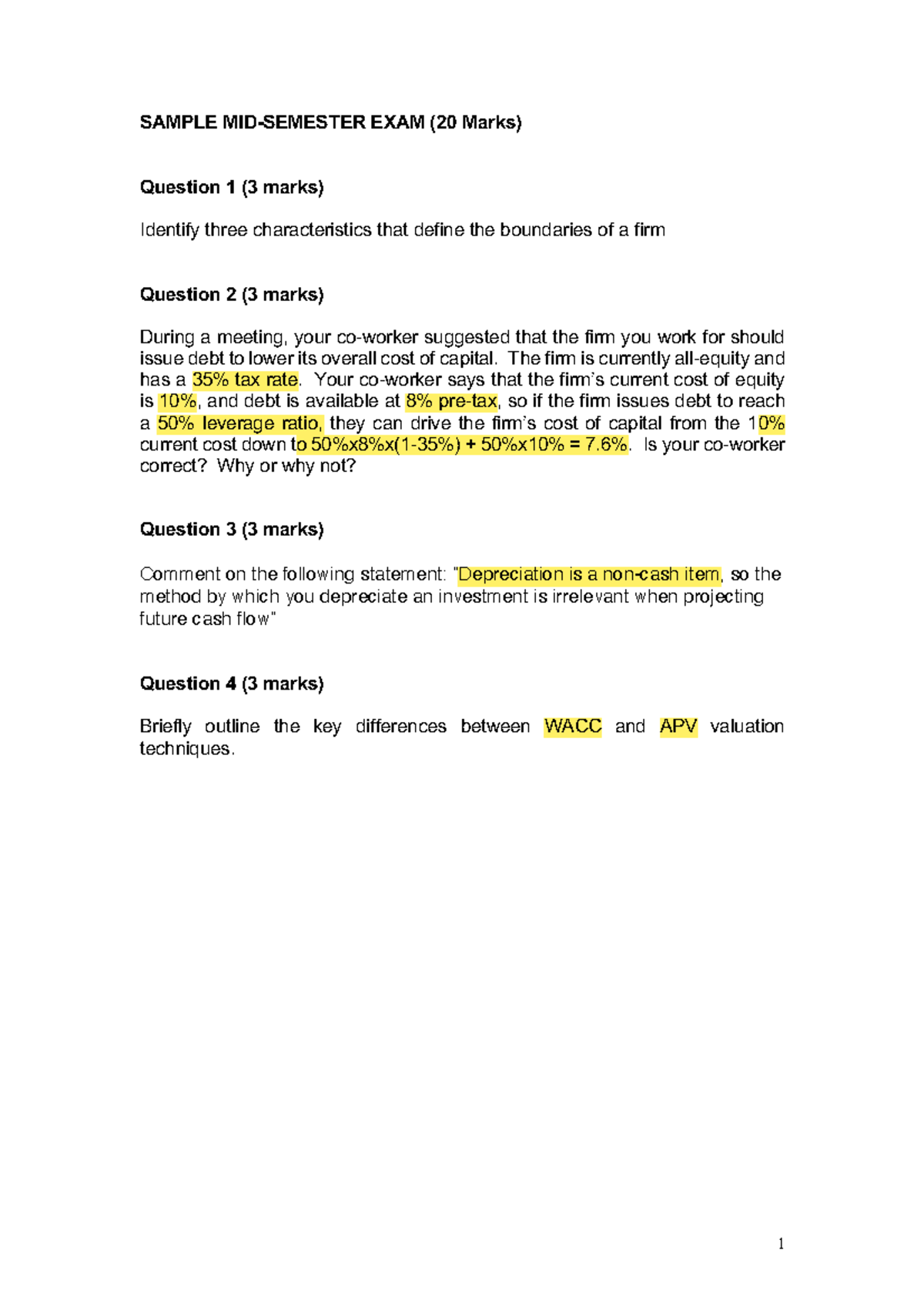 Sample Mid Semester Exam - 1 SAMPLE MID-SEMESTER EXAM (20 Marks ...