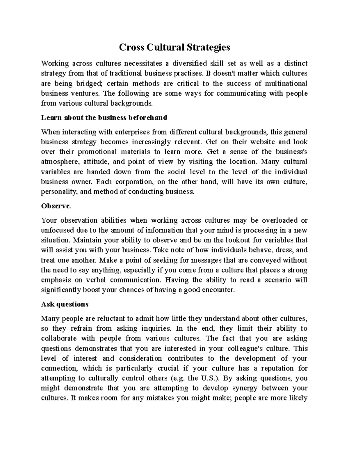 Cross Cultural Strategies - Cross Cultural Strategies Working across ...