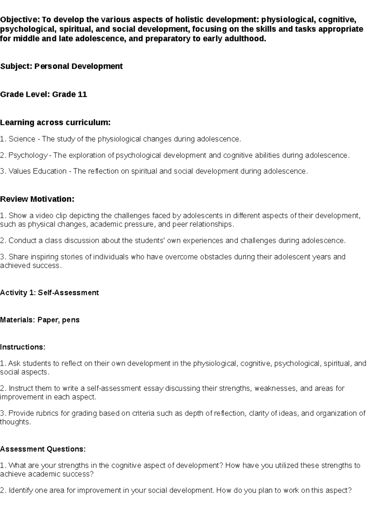 Lesson plan-2 - LEARNING RESOURCES - Objective: To develop the various ...