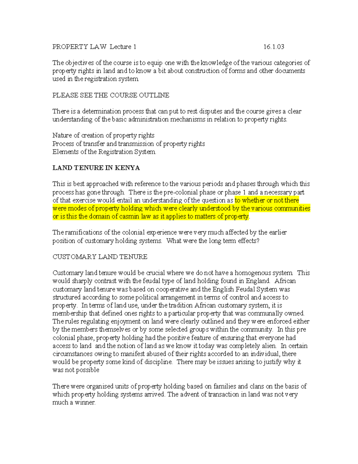 Lesson%201 - Brief course outline - PROPERTY LAW Lecture 1 16. The ...