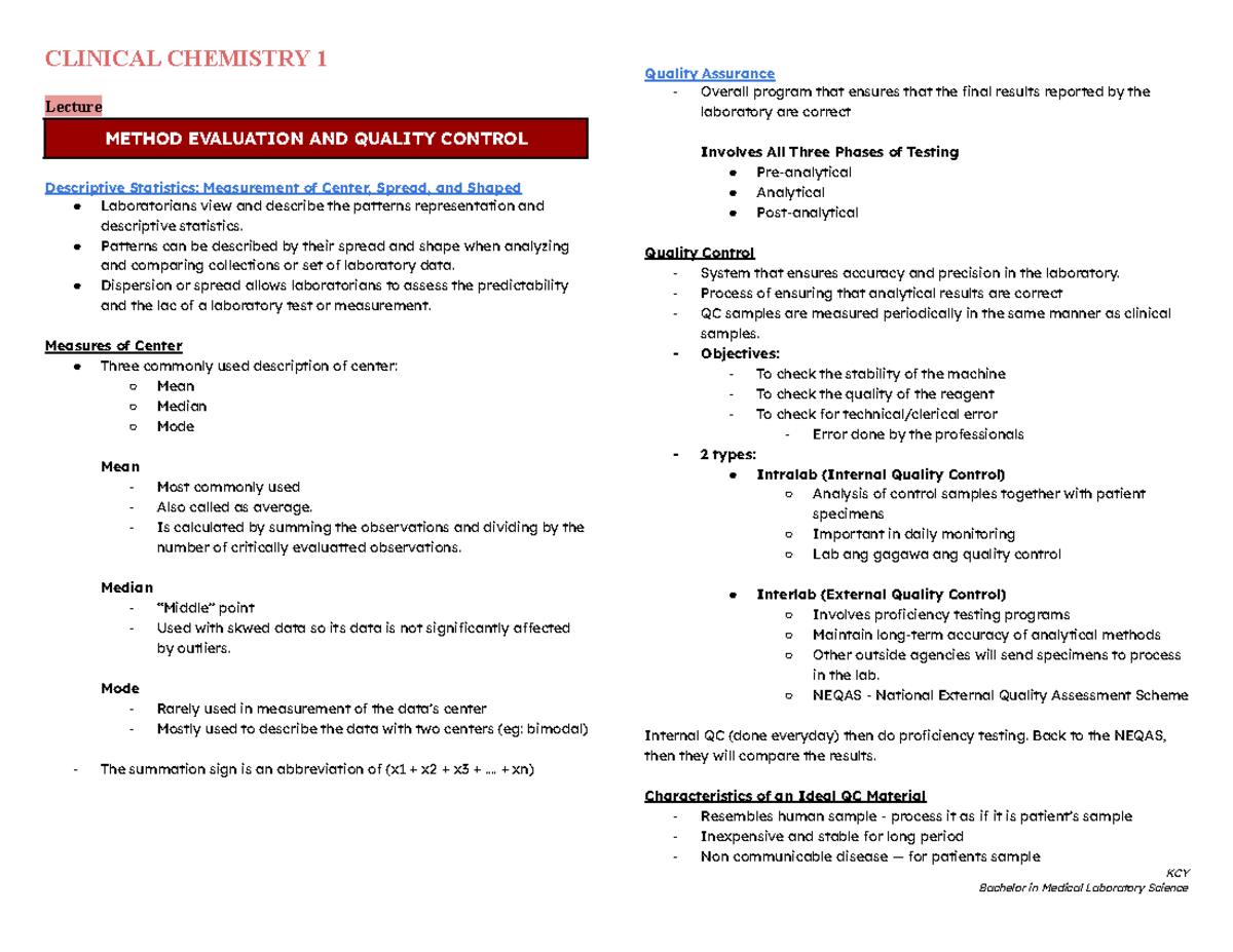 CC1 - Study well - CLINICAL CHEMISTRY 1 Lecture METHOD EVALUATION AND QUALITY CONTROL ...