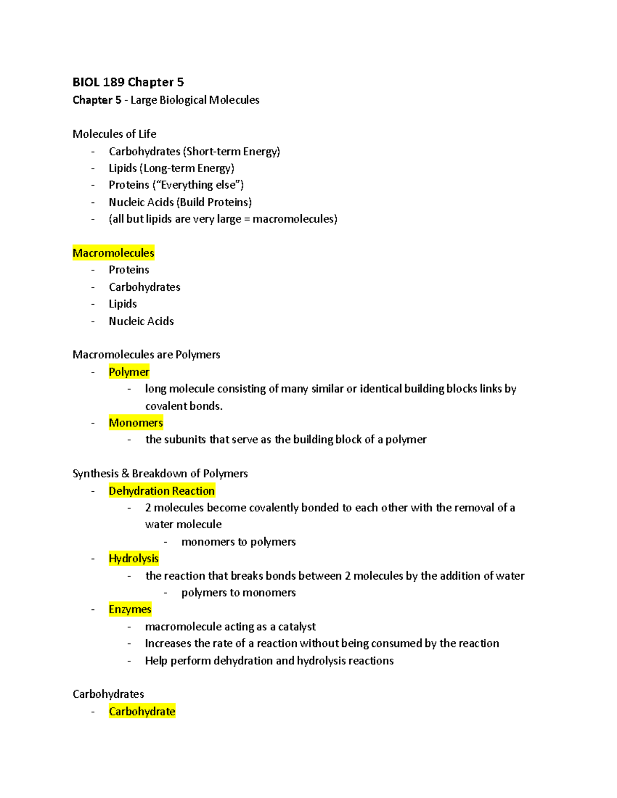 BIOL 189 Chapter 5 - BIOL 189 Chapter 5 Chapter 5 - Large Biological ...