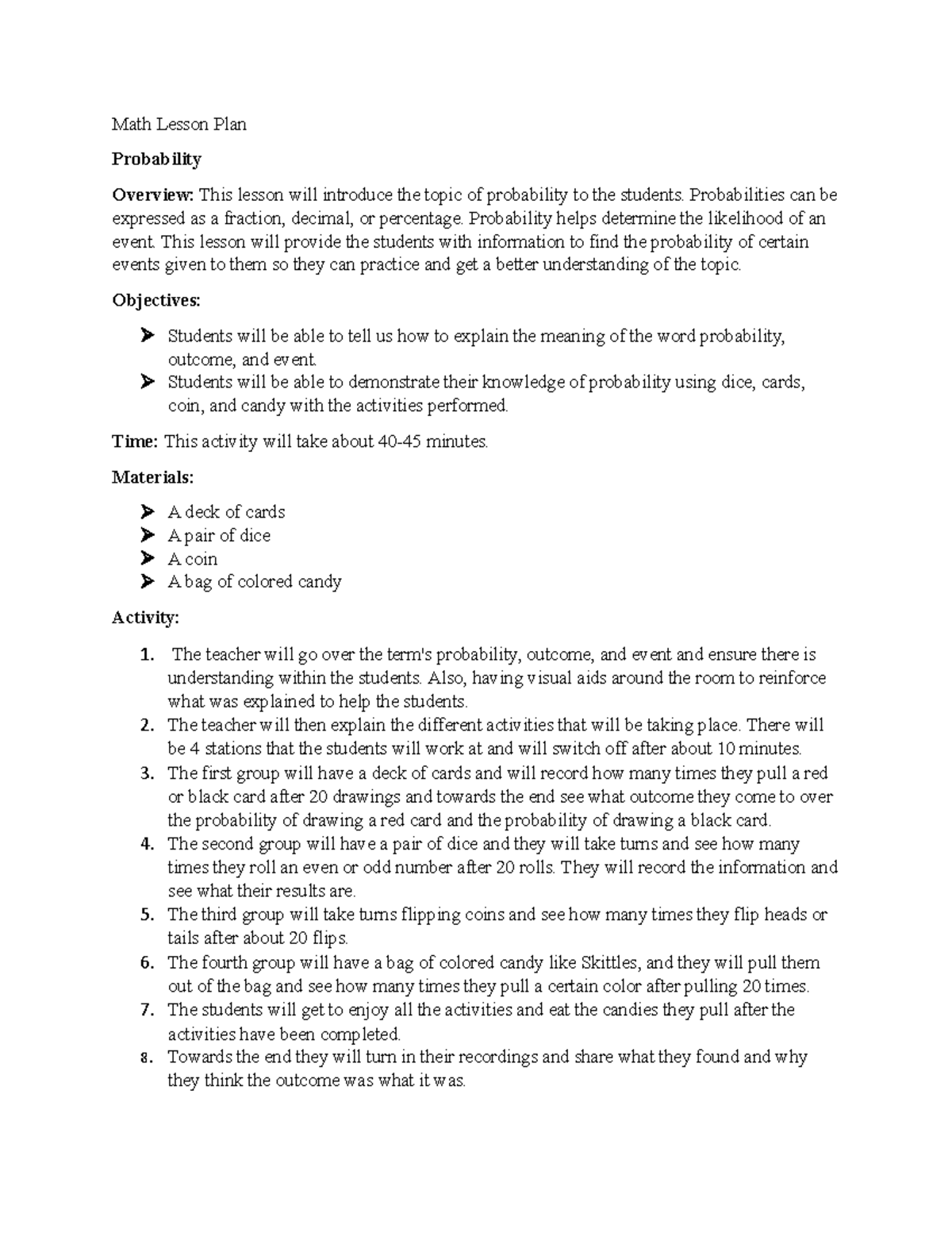 MAT151 Lesson Plan1 - Math Lesson Plan Probability Overview: This ...