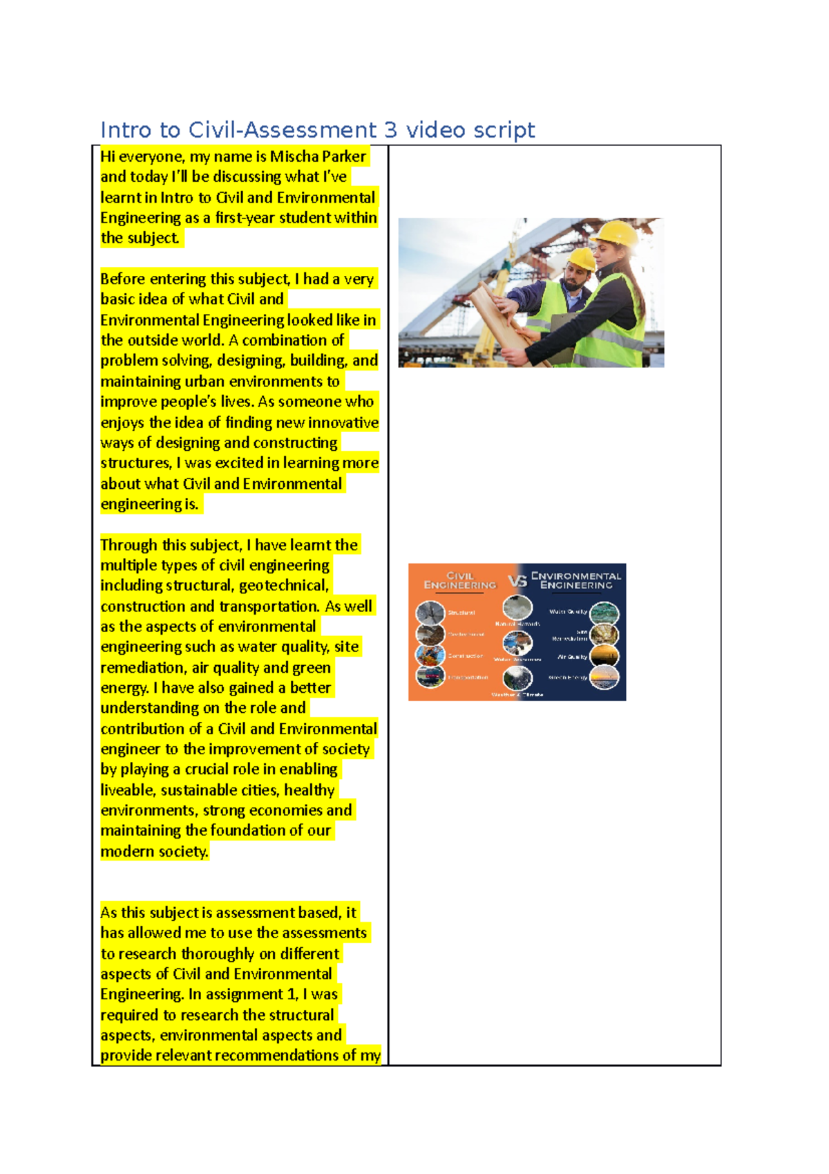 Assignment 3- Intro to Civil - Intro to Civil-Assessment 3 video script ...