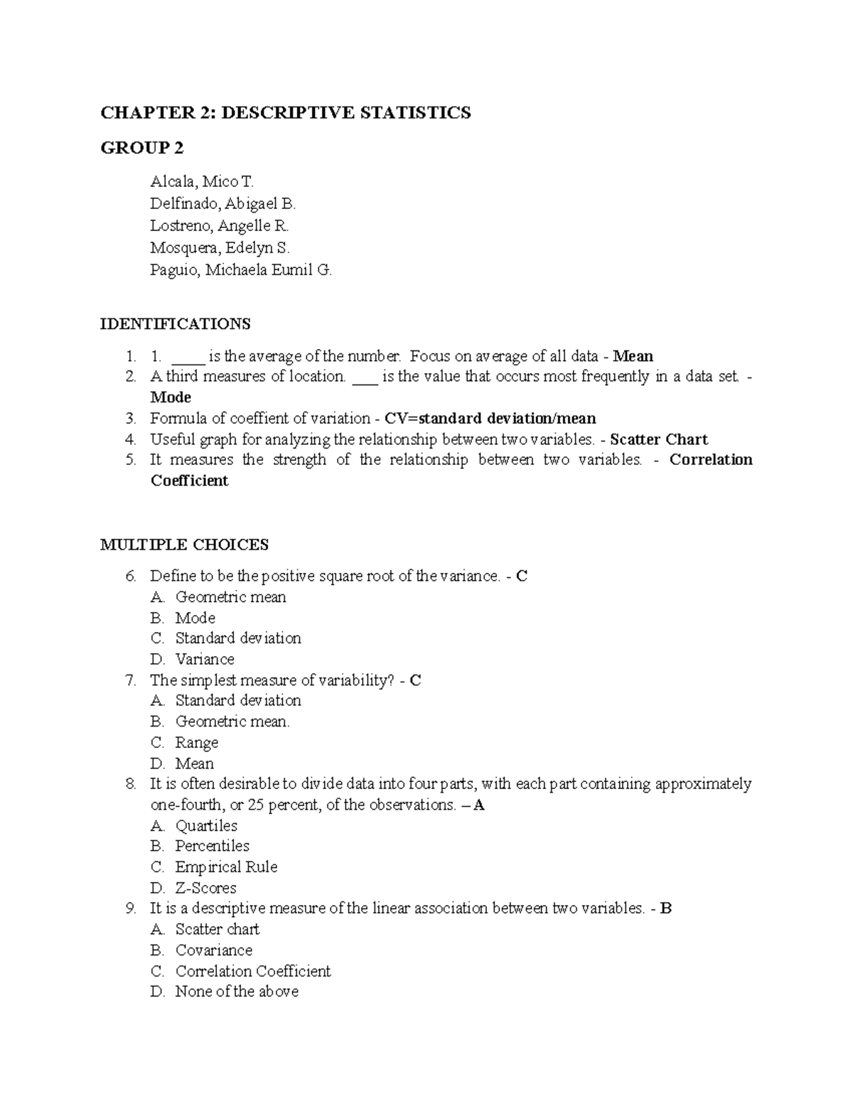 QUIZ 2 6 November 2019, questions and answers - CHAPTER 2: DESCRIPTIVE ...