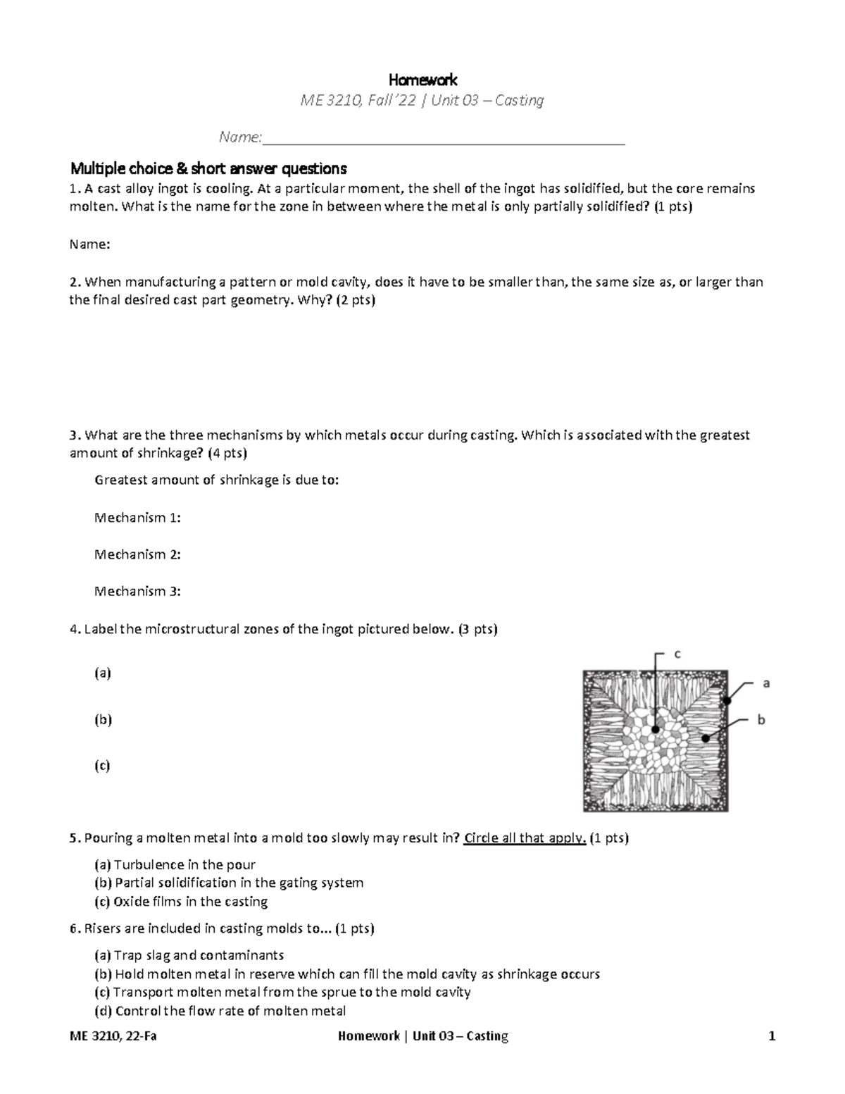 HW03 Unit03-Casting - This is a HW - Homework ME 3210, Fall ’22 | Unit ...