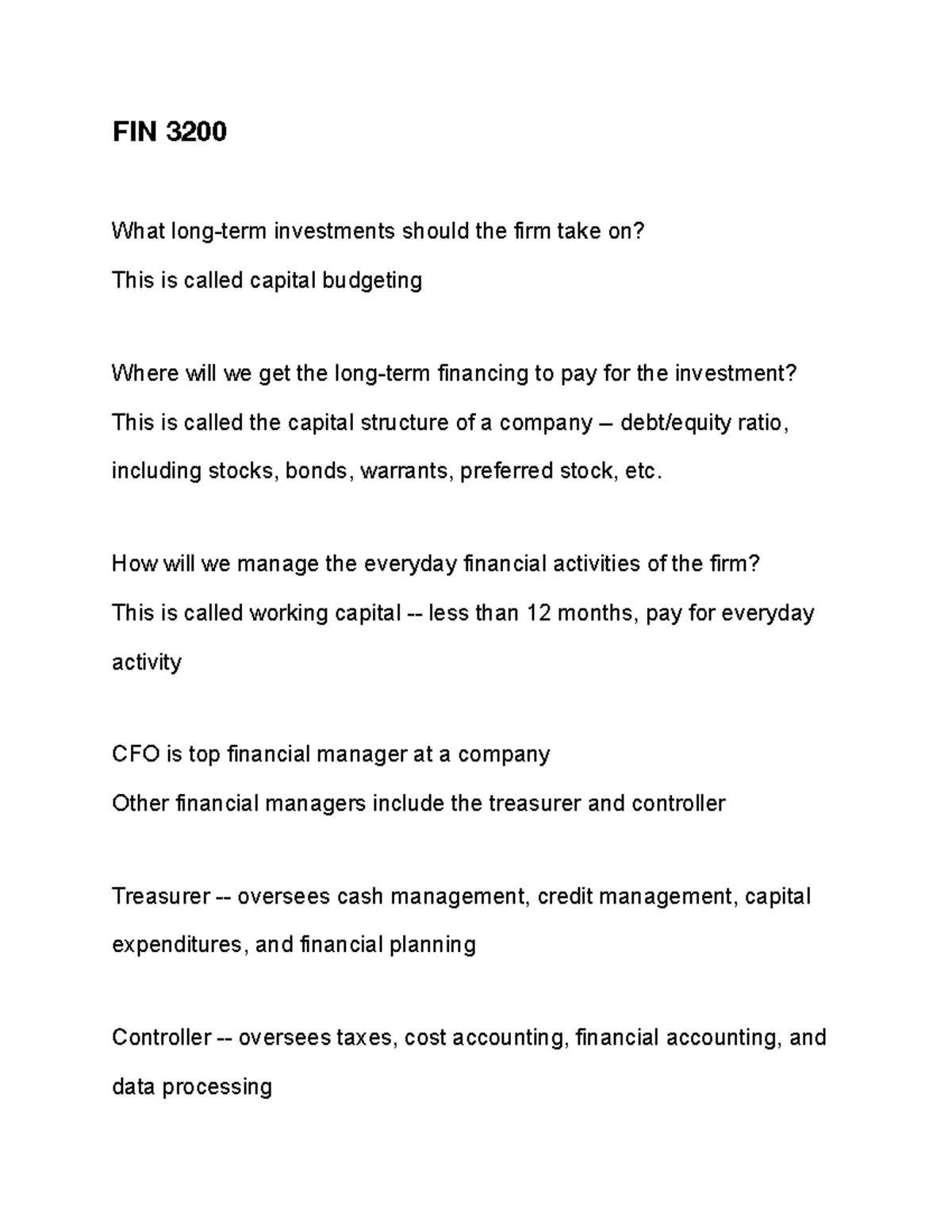 FIN 3200 - Notes on capital budgeting, corporations, the market, and ...