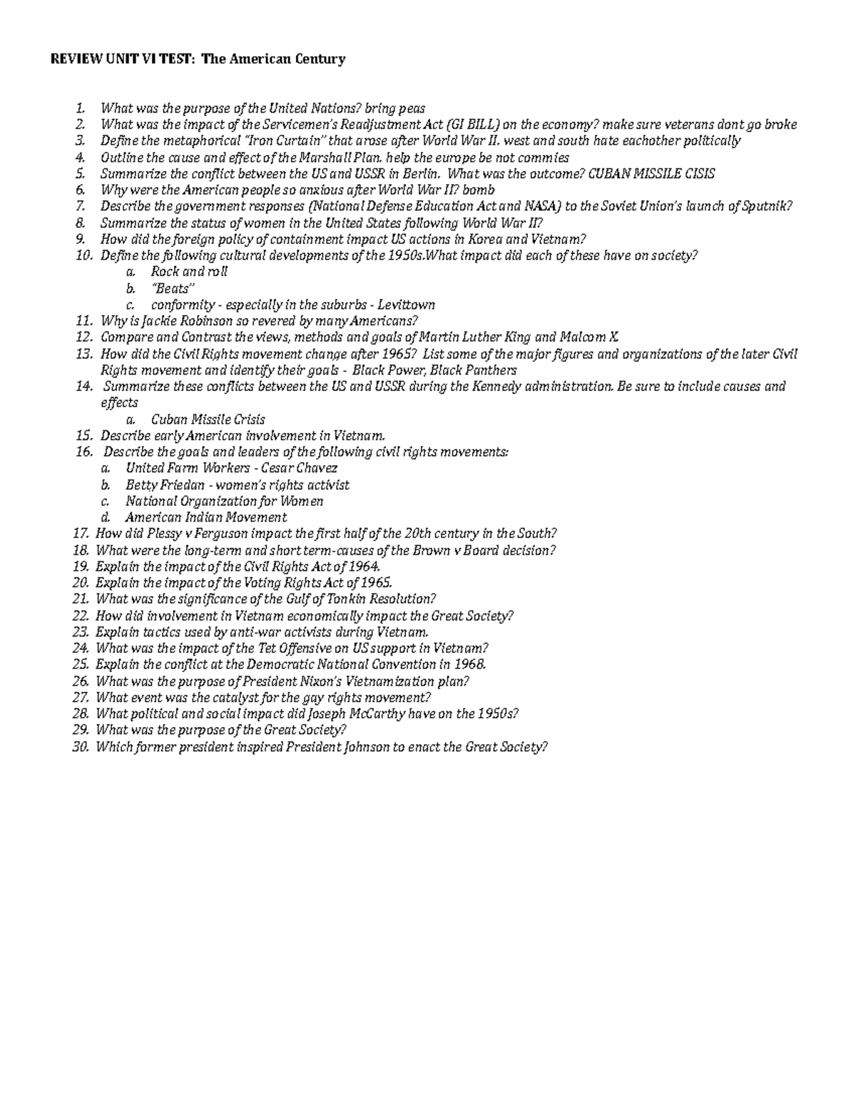 Copy of 2023 Review UNIT VI TEST - REVIEW UNIT VI TEST: The American ...