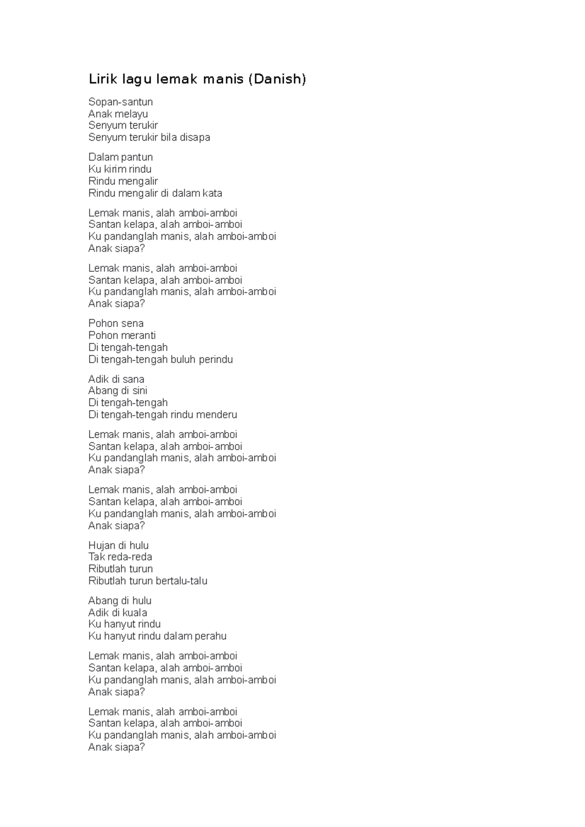 Lirik lagu lemak manis - nihaoah - Lirik lagu lemak manis (Danish ...