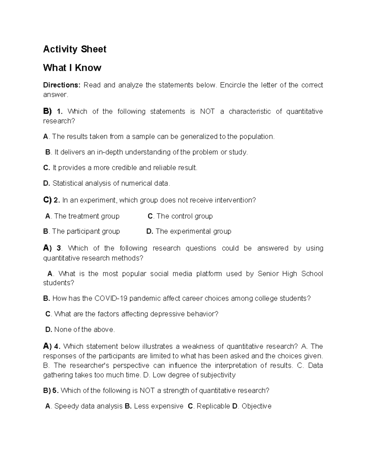 PRACTICAL RESEARCH ACTIVITY - Activity Sheet What I Know Directions ...