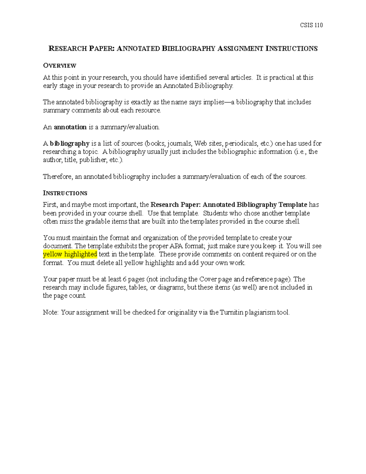 Research Paper Annotated Biblography Assignment Instructions - CSIS 110 ...
