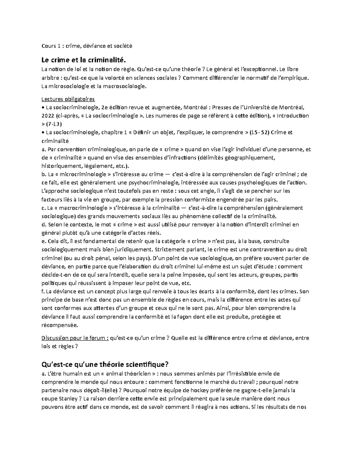 Cours 1 Notes prof et podcast - Cours 1 : crime, déviance et société Le ...