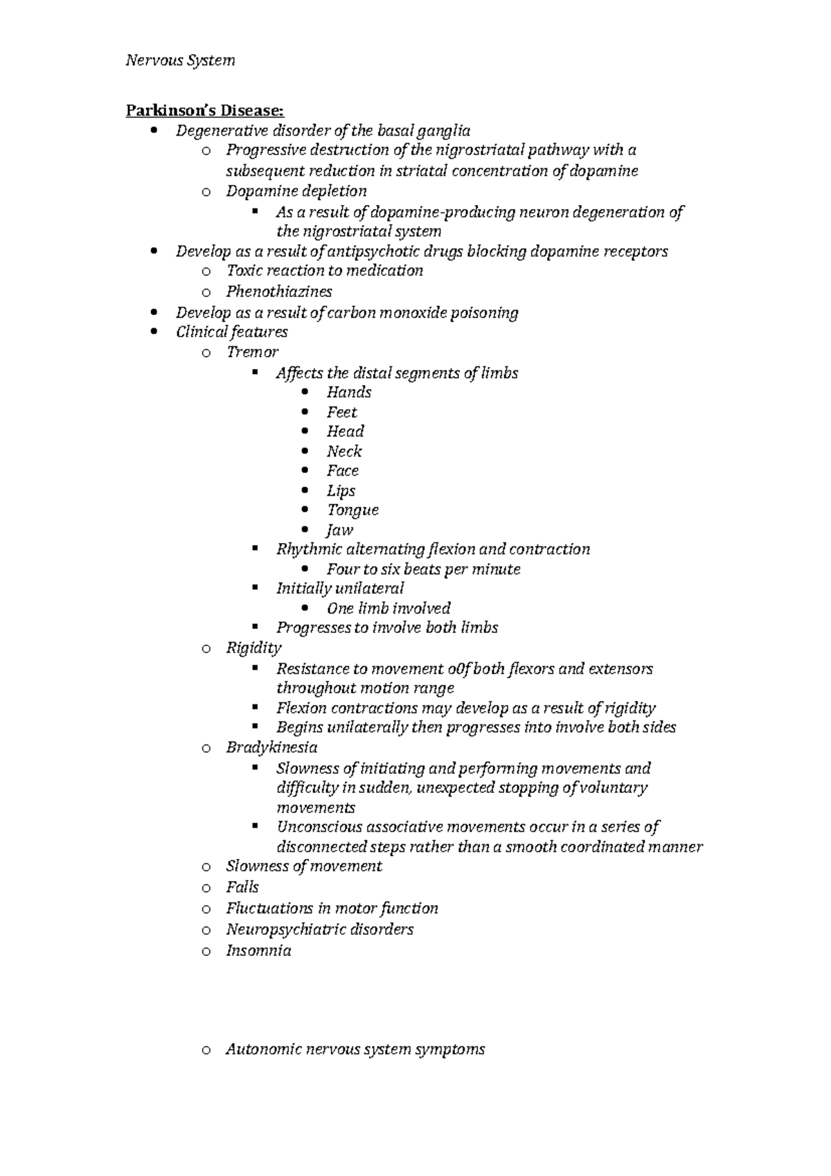 Parkinson’s Disease Lecture Notes - Nervous System Parkinson’s Disease ...