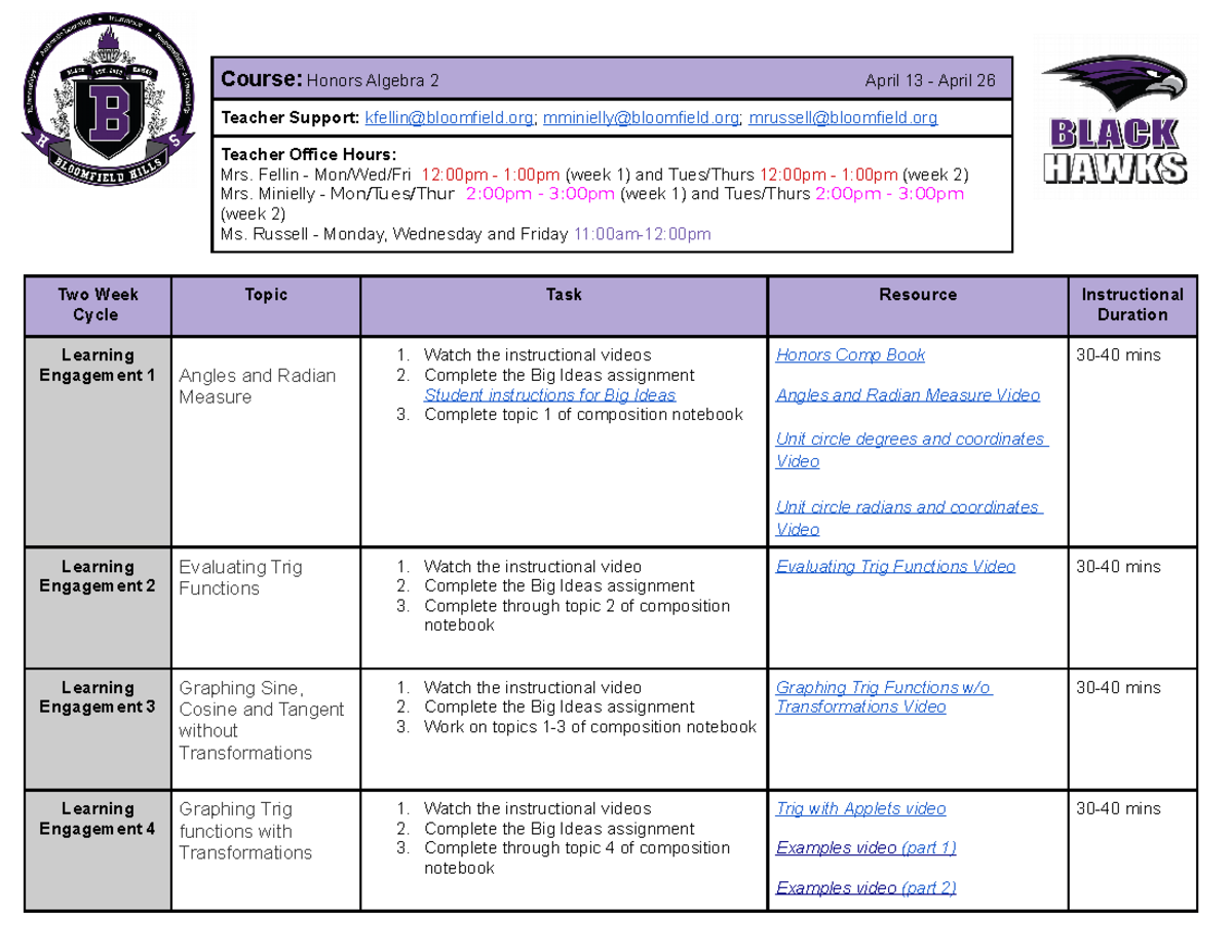 Honors Algebra 2 - assignments - Course: Honors Algebra 2 April 13 ...