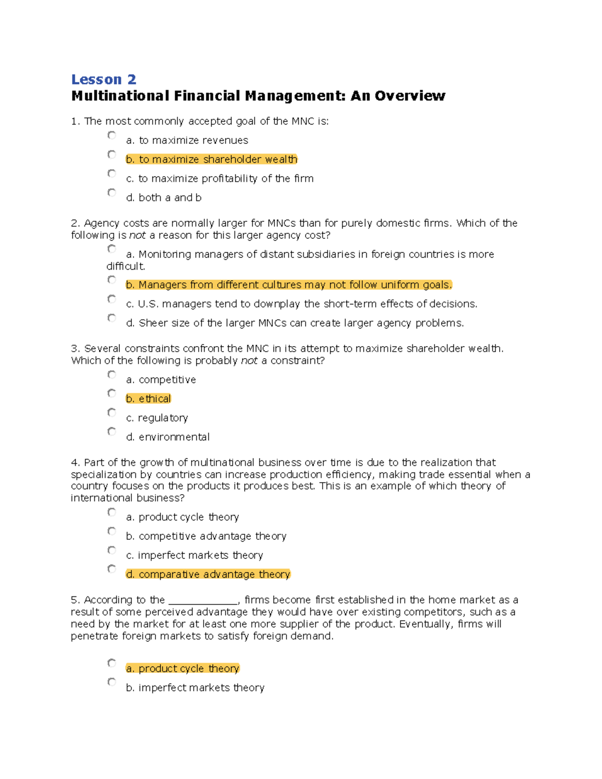 Lesson 2 Review Questions Multinational Financial Management and Corporate Overview - Lesson 2 ...