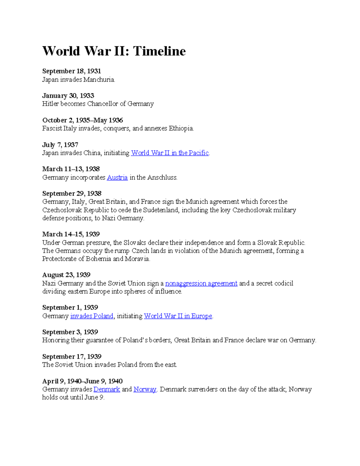 World War II Timeline 2015 - World War II: Timeline September 18, 1931 ...