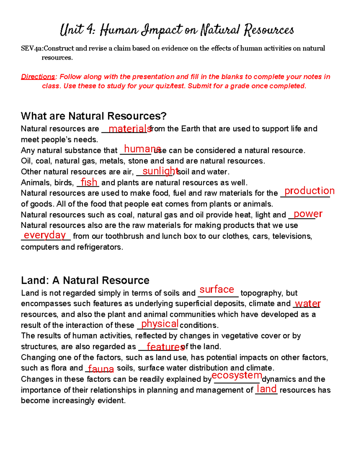 Notes - Unit 4: Human Impact on Natural Resources SEV4a:Construct and ...