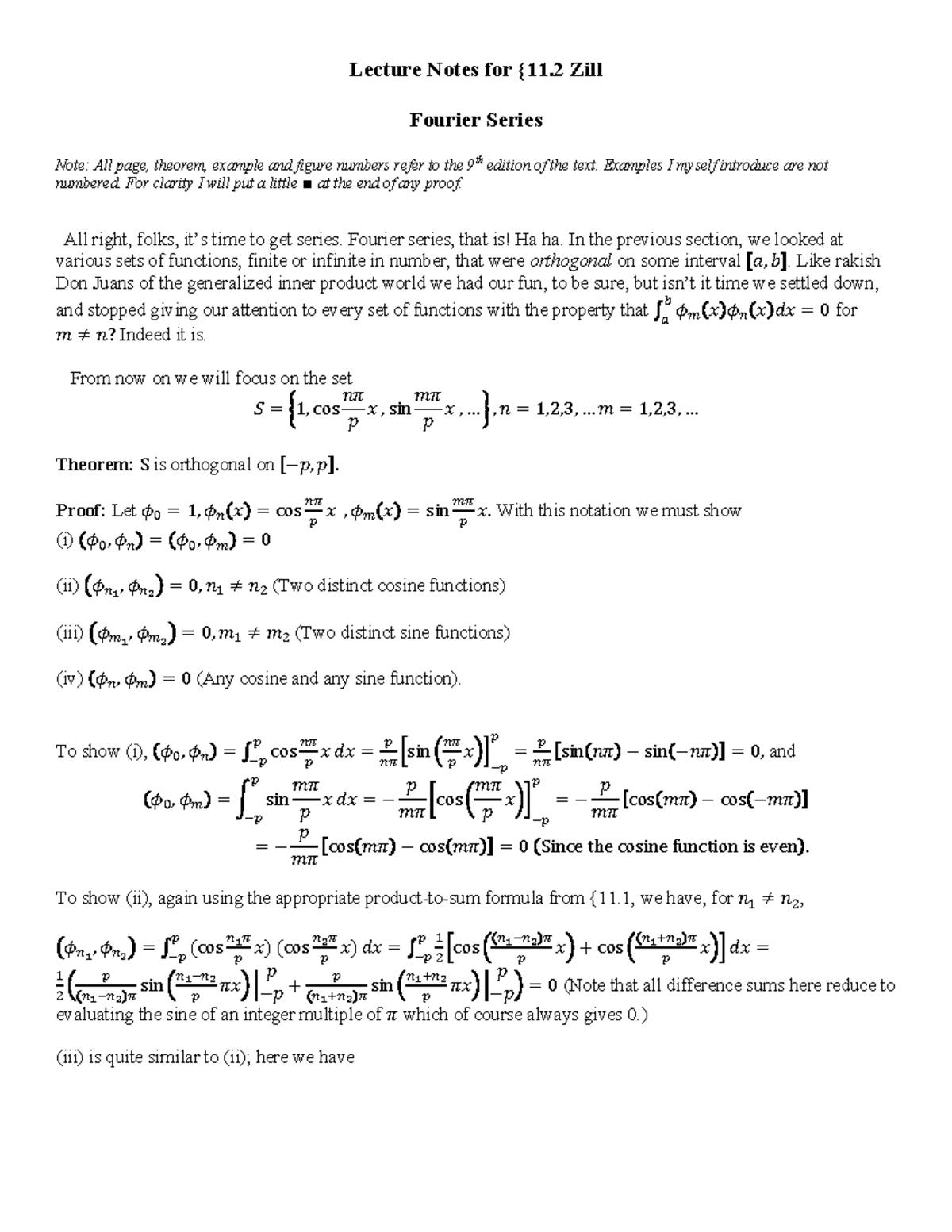 Pdf Lecture notes for Zill {11 - Lecture Notes for {11 Zill Fourier ...