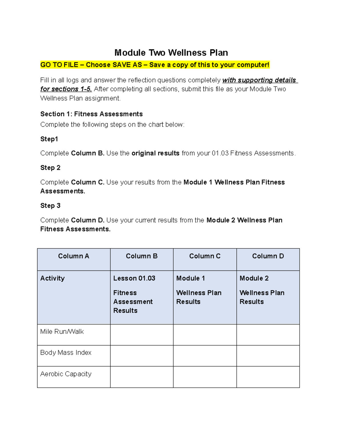 Module two wellness plan - Module Two Wellness Plan GO TO FILE – Choose ...