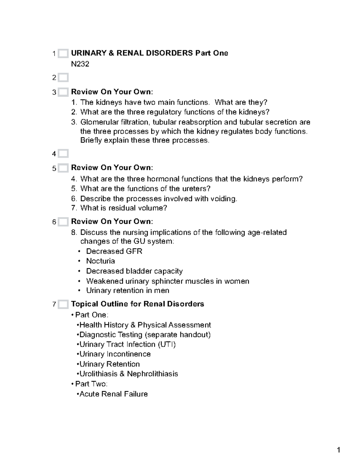 Renal Disorders Part One - 1 URINARY & RENAL DISORDERS Part One N ...