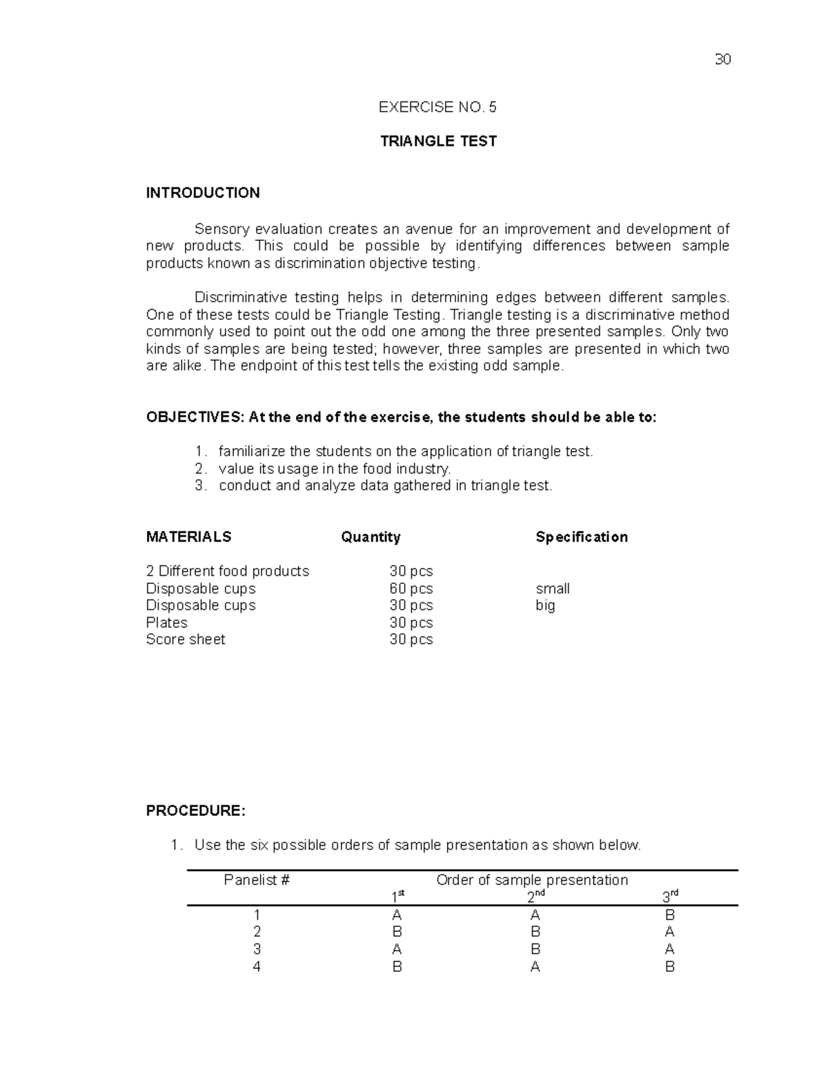 Triangle Test Laboratory - EXERCISE NO. 5 TRIANGLE TEST INTRODUCTION ...