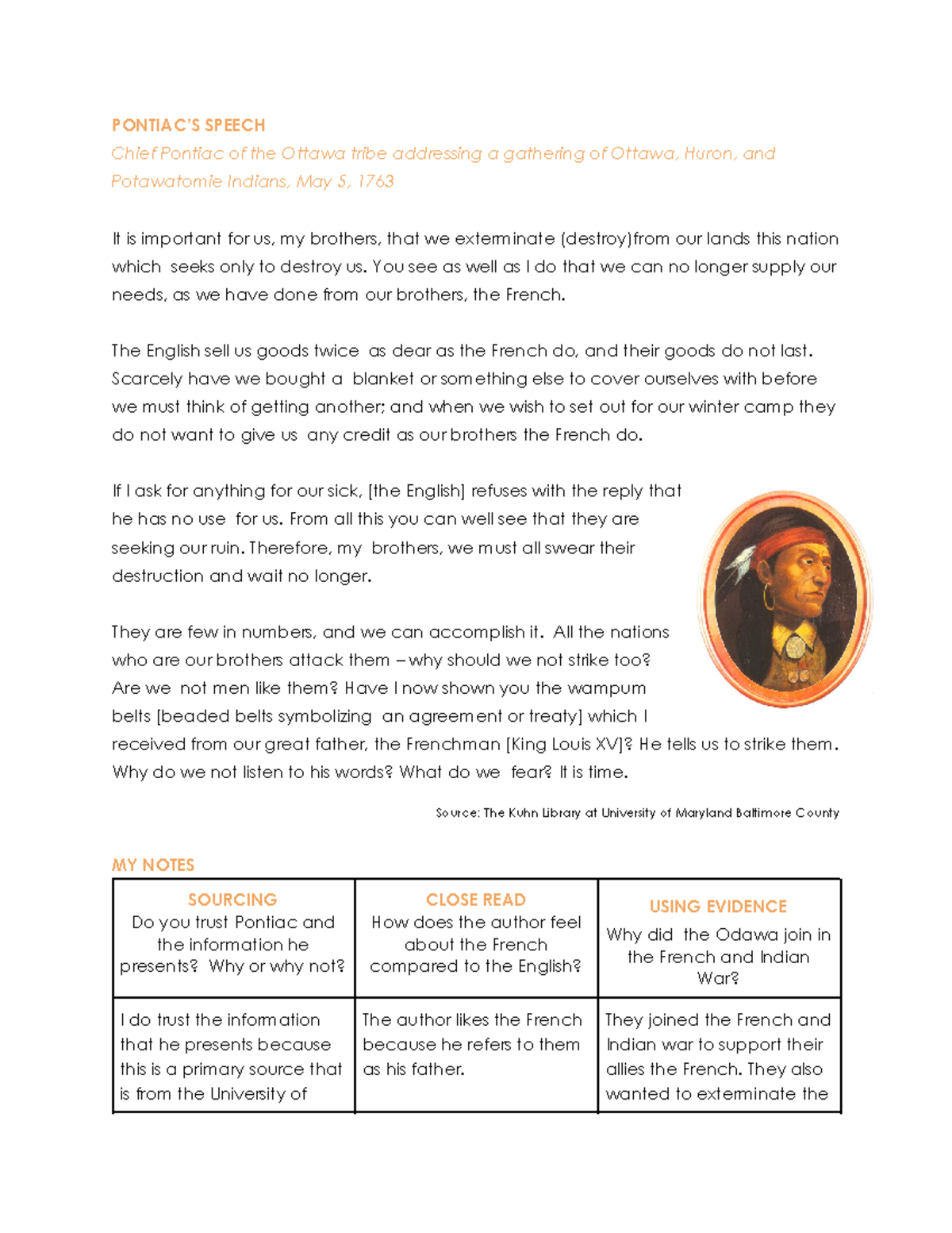 Pontiac's Speech 1763 Causes of the French and Indian War - PONTIAC’S ...