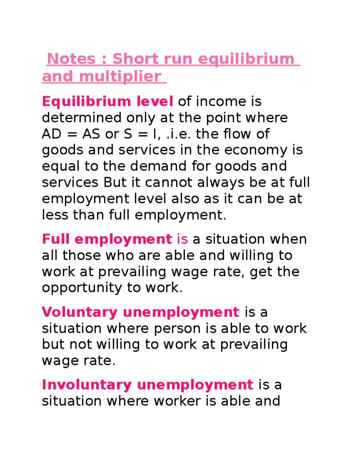 Short run equilibrium and multiplyer - Notes : Short run equilibrium ...