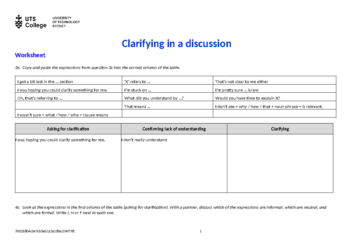 Clarifying in a discussion - Worksheet - Copy and paste the expressions ...