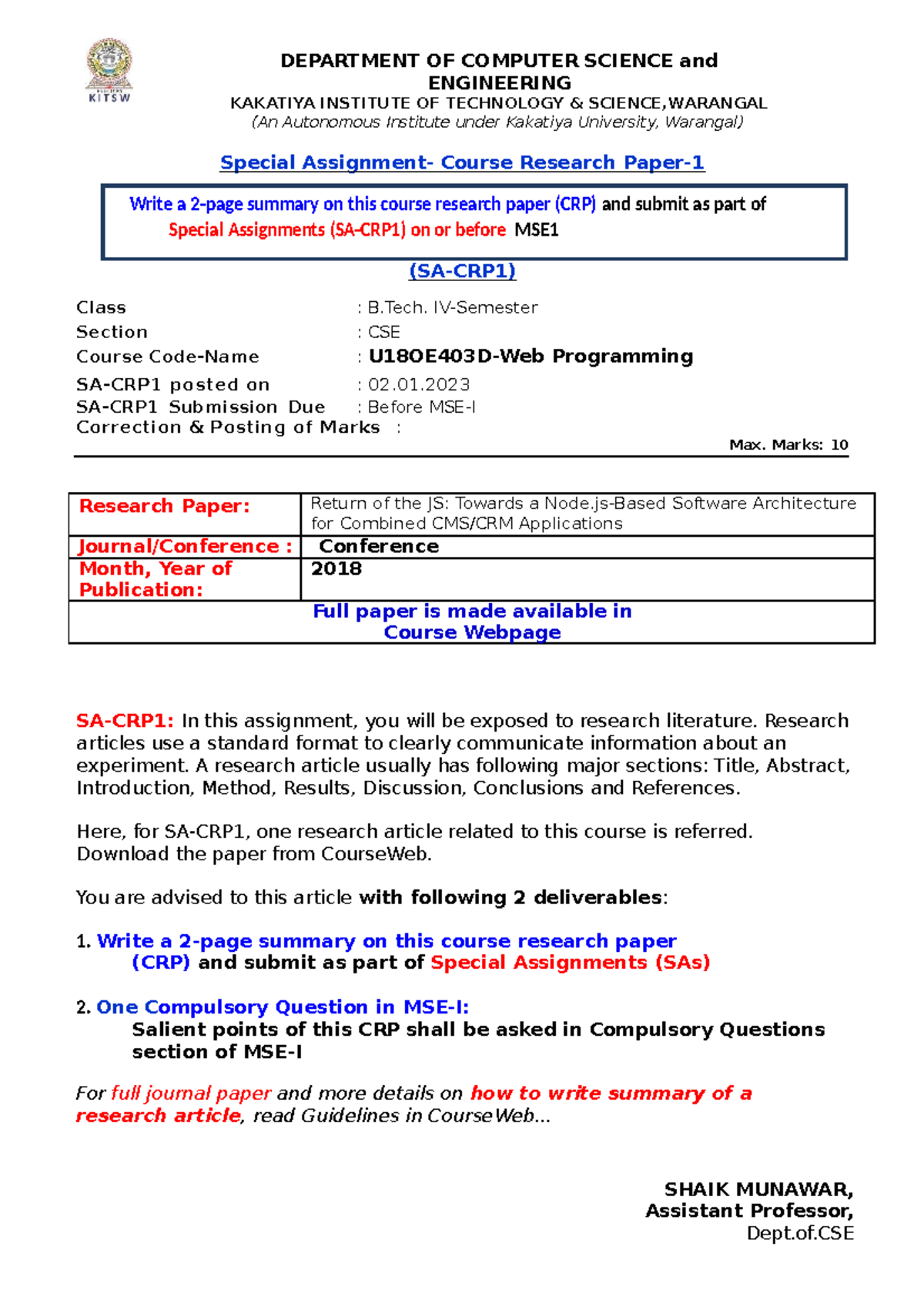 SA CRP1 - Write a 2-page summary on this course research paper (CRP ...