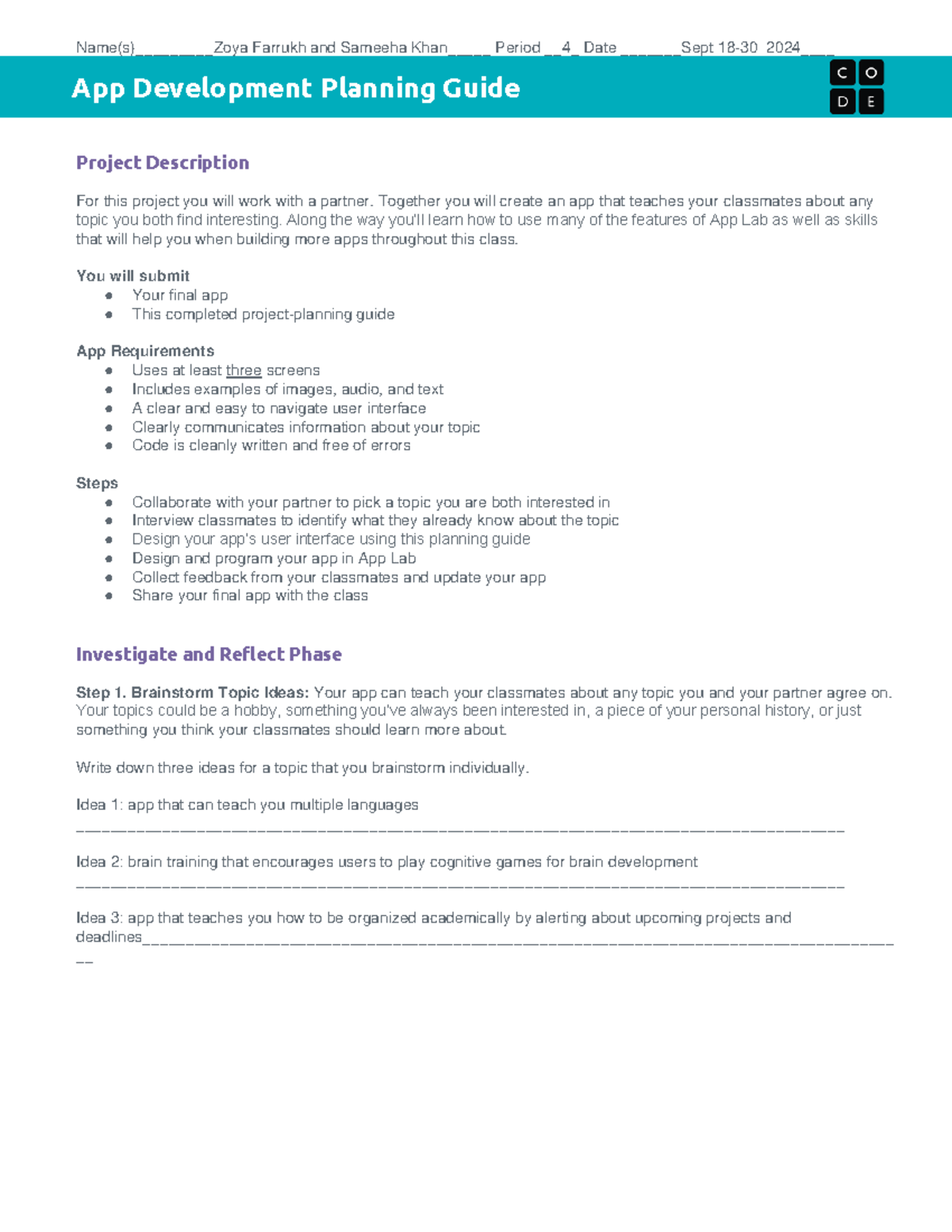 Copy of CSP Unit 3 App Development Planning Guide DONE - Name(s ...