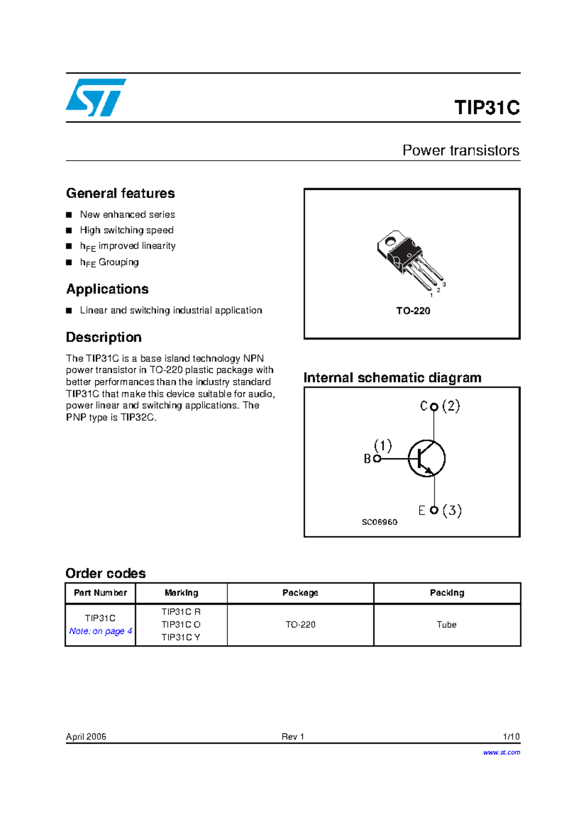Tip31c - April 2006 Rev 1 1/ 10 Order codes Part Number Marking Package ...
