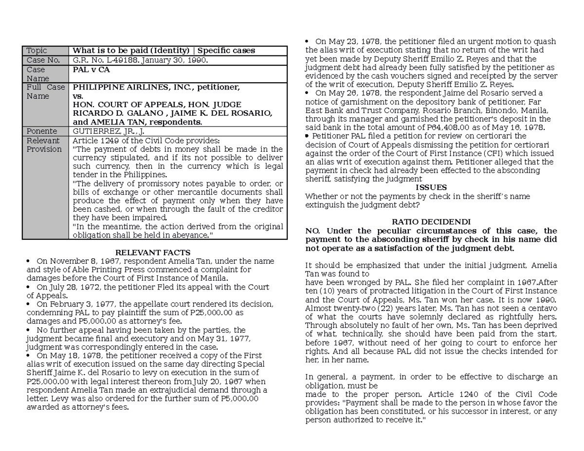 110 PAL v CA - digest for pal v ca - Topic What is to be paid (Identity ...