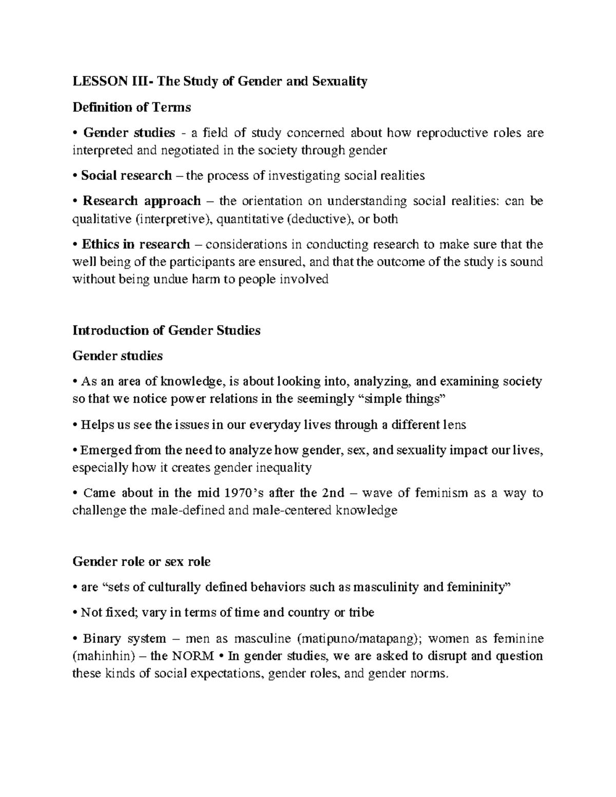 Lesson III- The Study of Gender and Sexuality - LESSON III- The Study ...