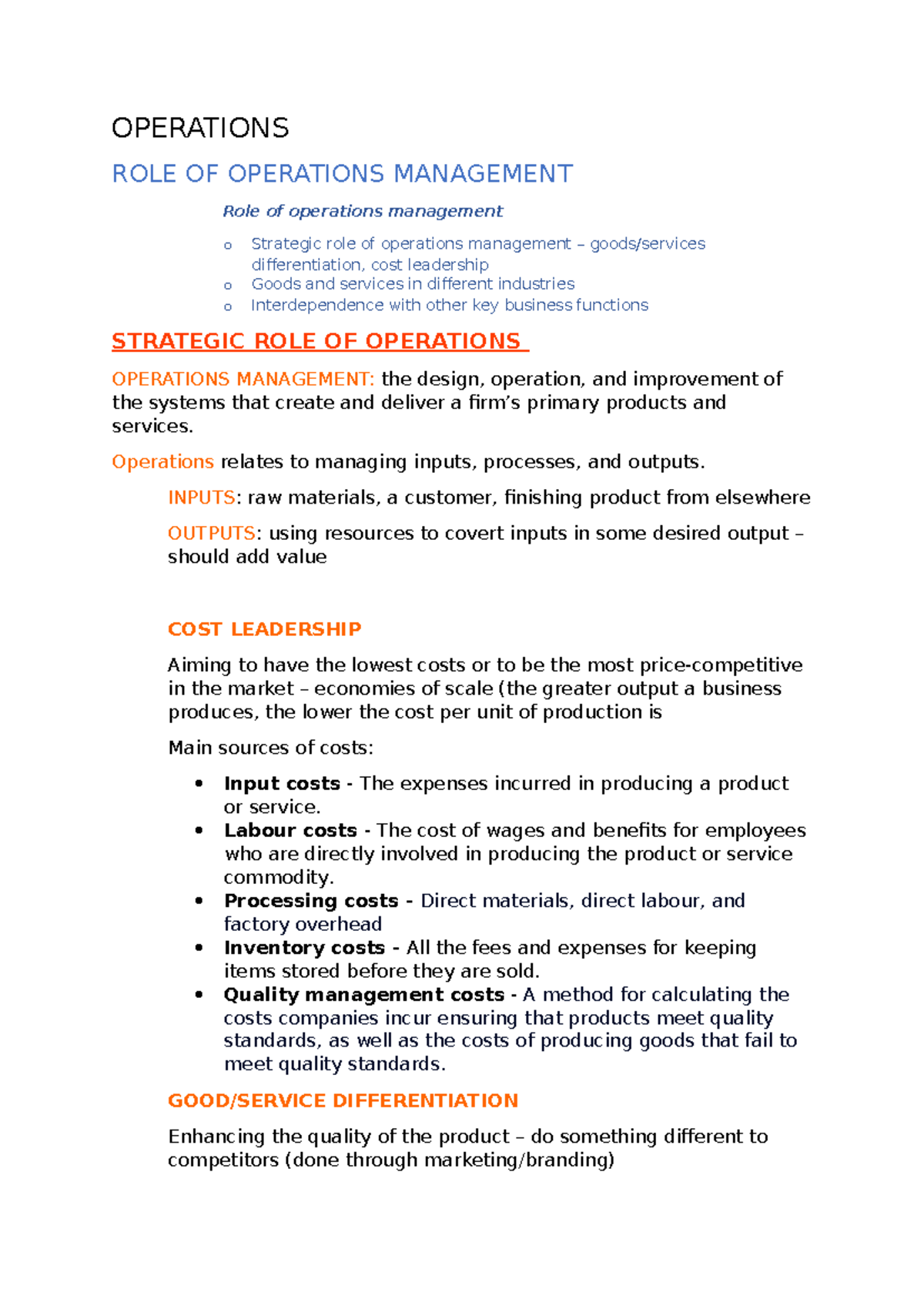 Operations notes - OPERATIONS ROLE OF OPERATIONS MANAGEMENT Role of ...