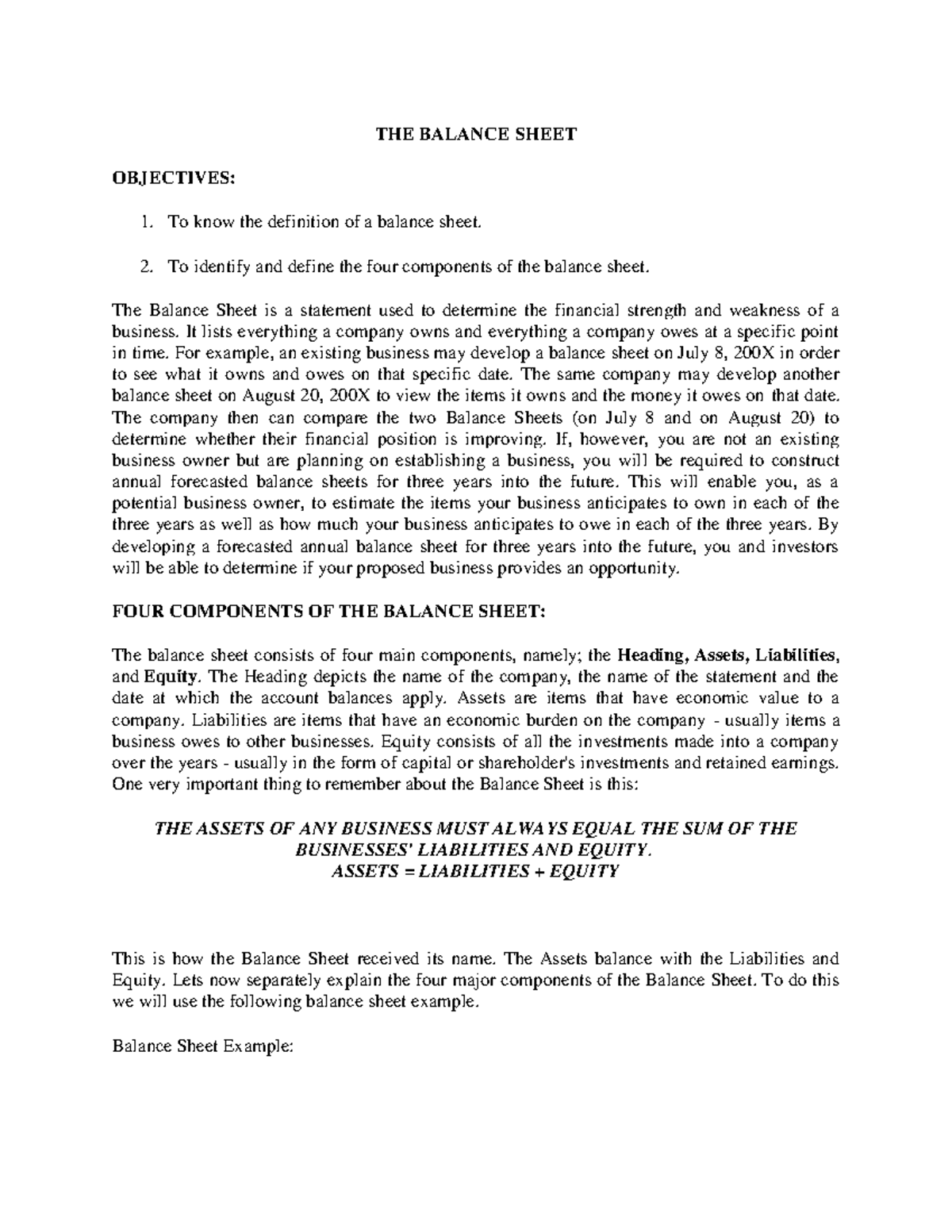 Week 3 - Lesson 6 The Balance Sheet - THE BALANCE SHEET OBJECTIVES: To ...